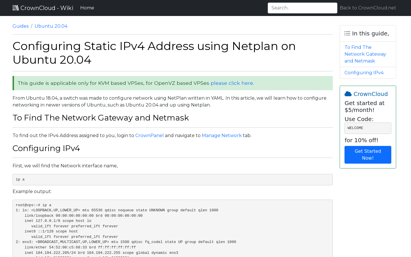 Crowncloud Wiki Configuring Static Ipv4 On Ubuntu 20 04 Using Netplan