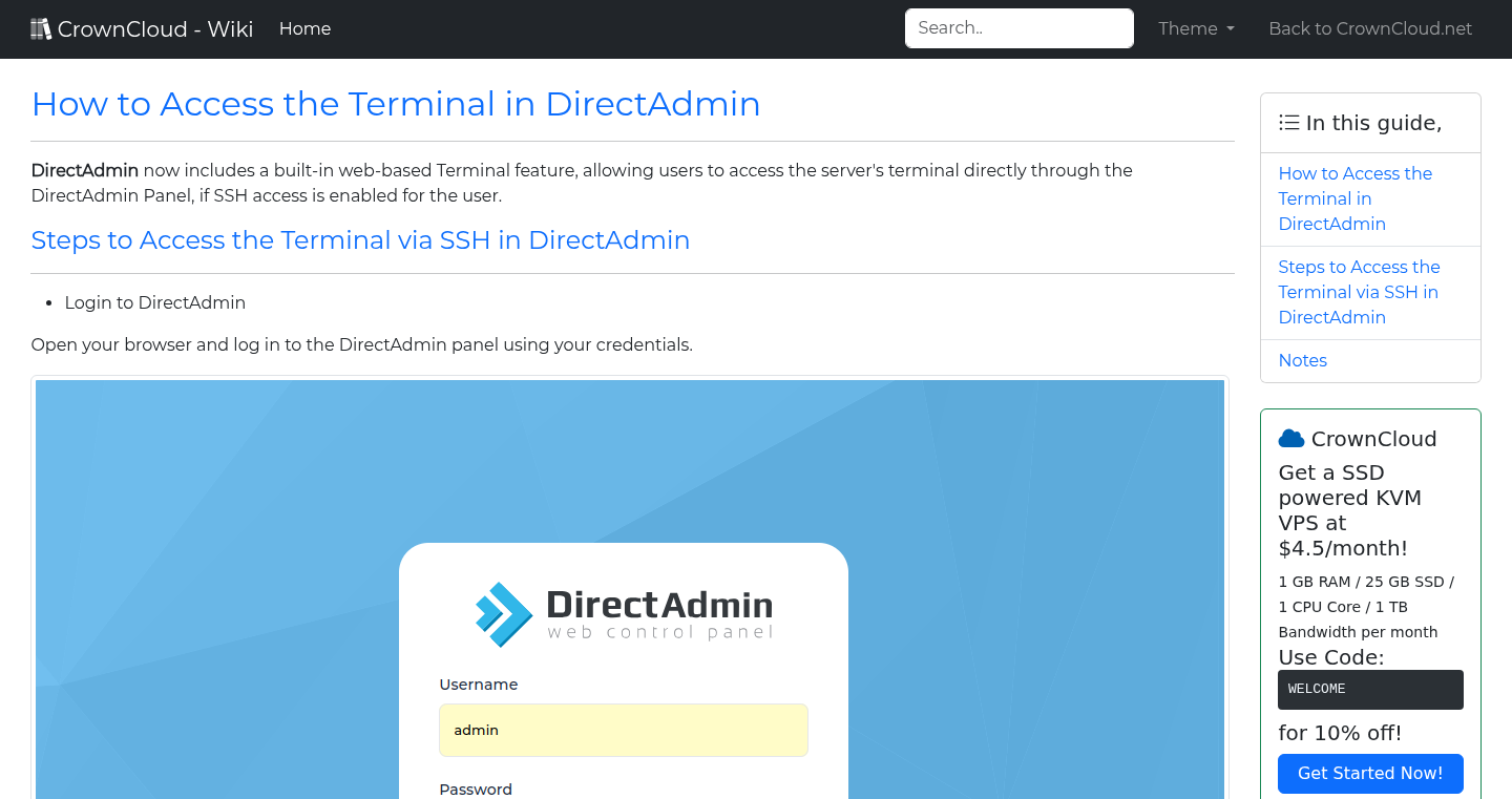 CrownCloud Wiki - How To Access The Terminal In Directadmin