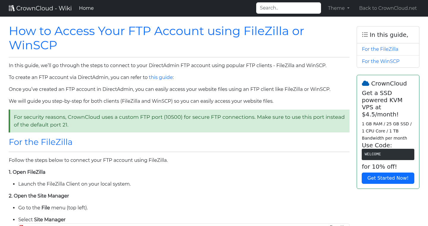CrownCloud Wiki - How To Access Your FTP Account Using FileZilla Or WinSCP