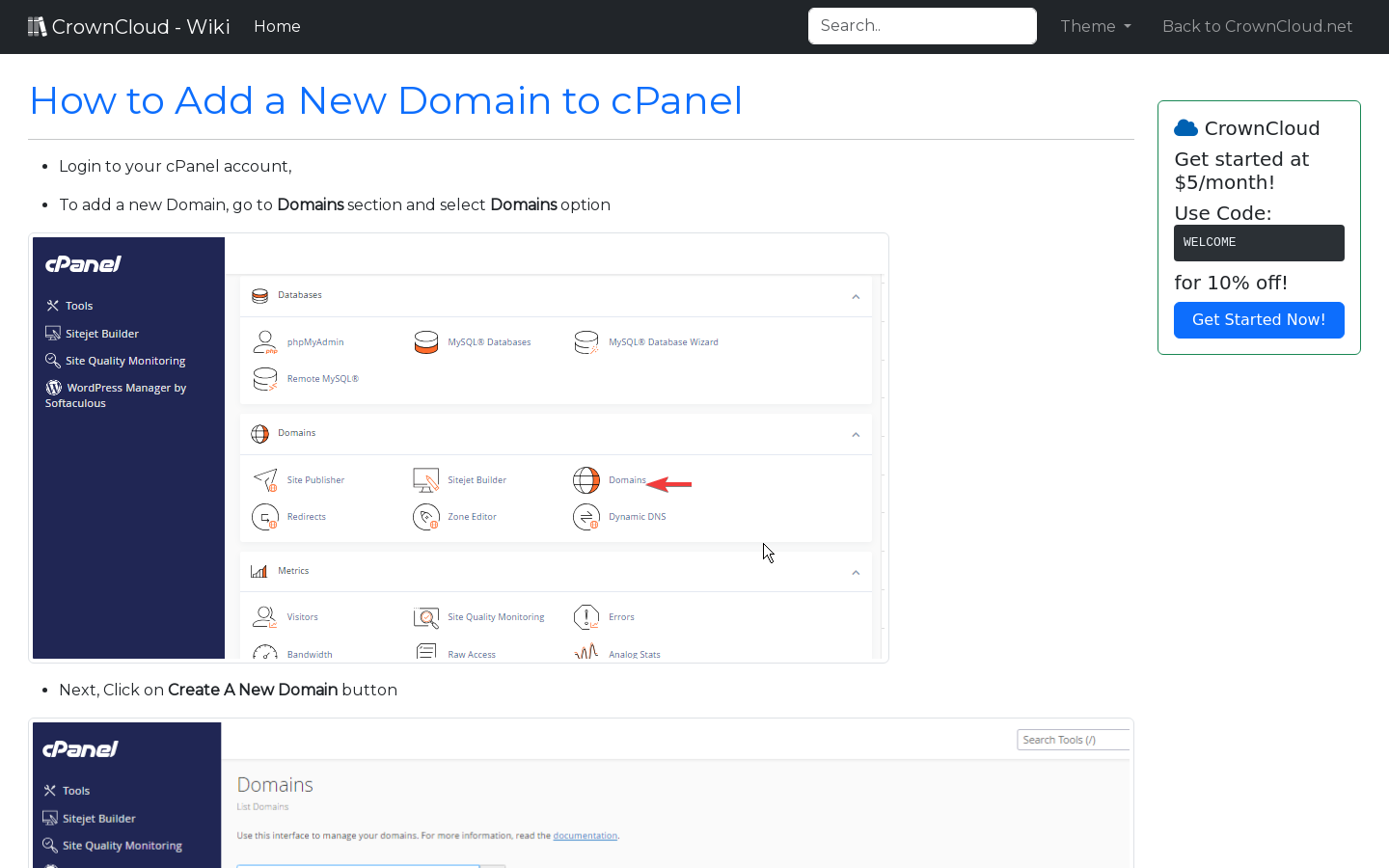 CrownCloud Wiki - How To Add A New Domain To CPanel