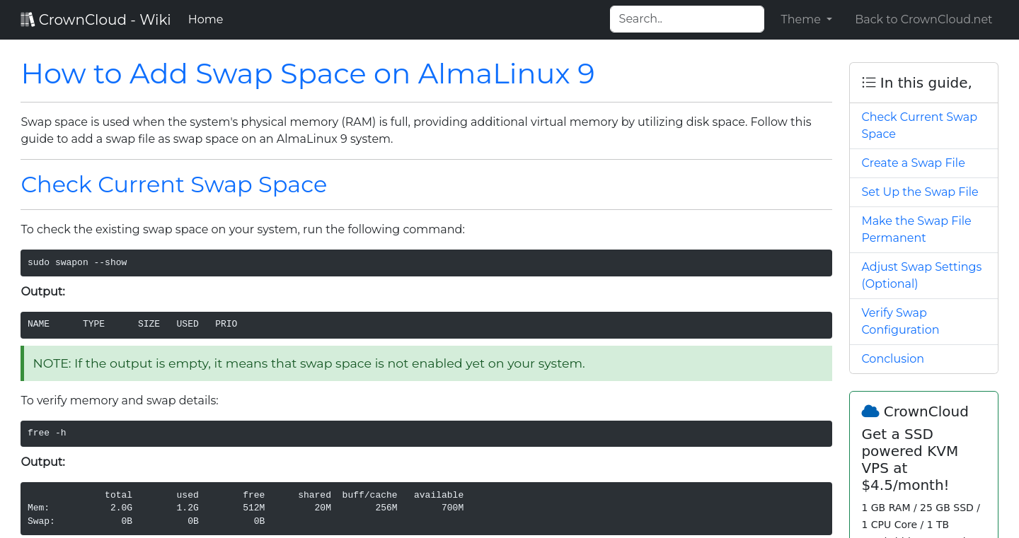 CrownCloud Wiki - How To Add Swap Space On AlmaLinux 9