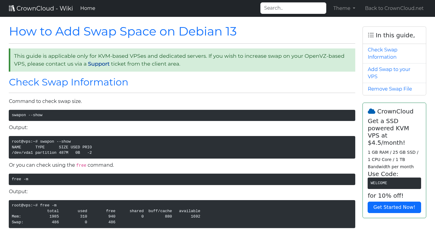 CrownCloud Wiki - How To Add Swap Space On Debian 13