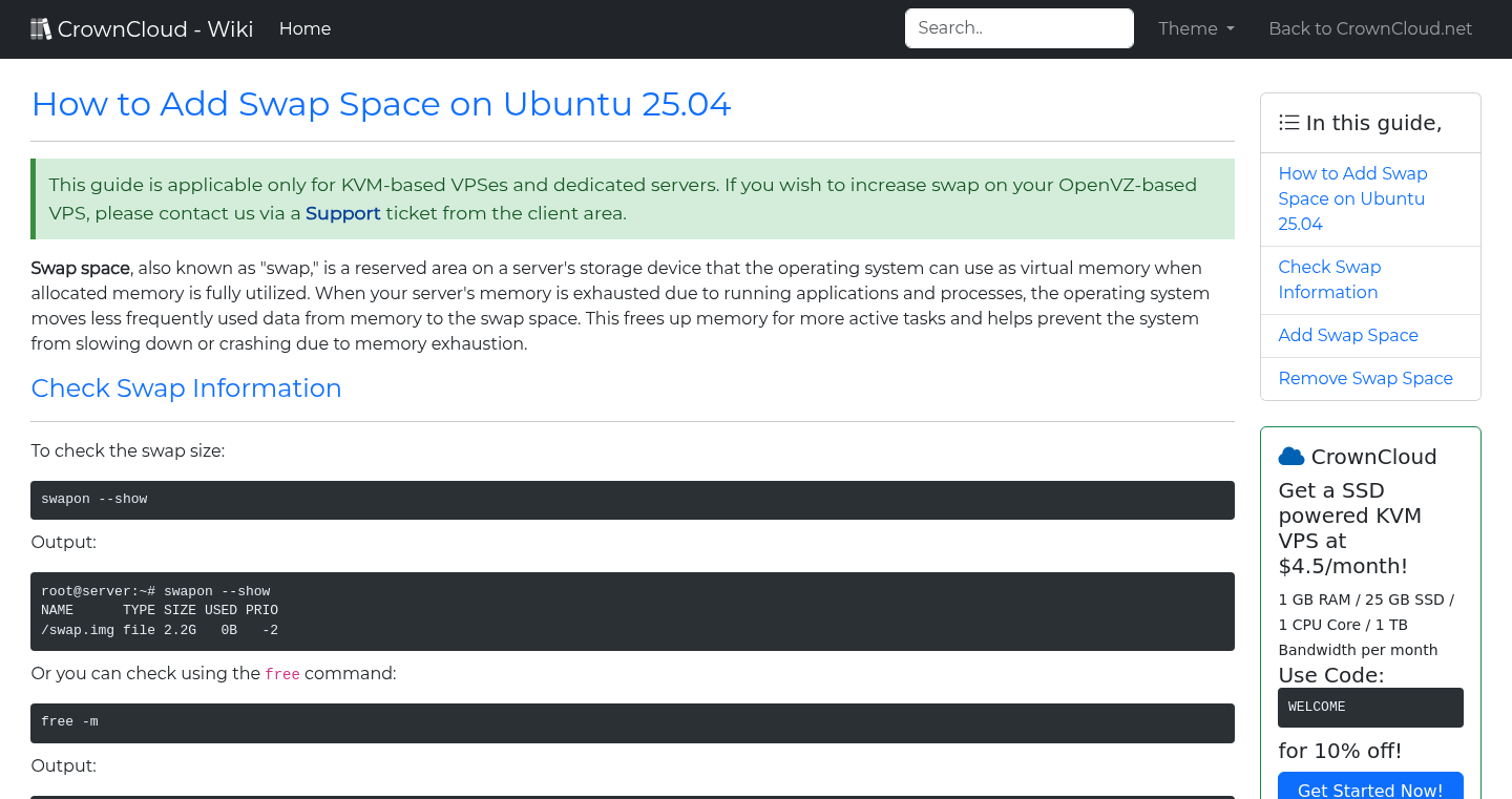 CrownCloud Wiki - How To Add Swap Space On Ubuntu 25 04