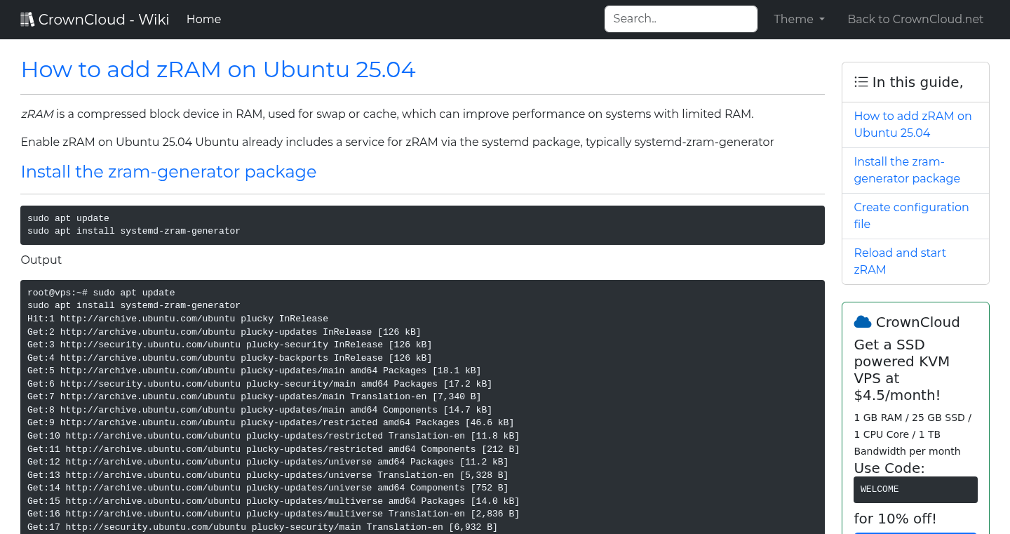 CrownCloud Wiki - How To Add ZRAM On Ubuntu 25 04