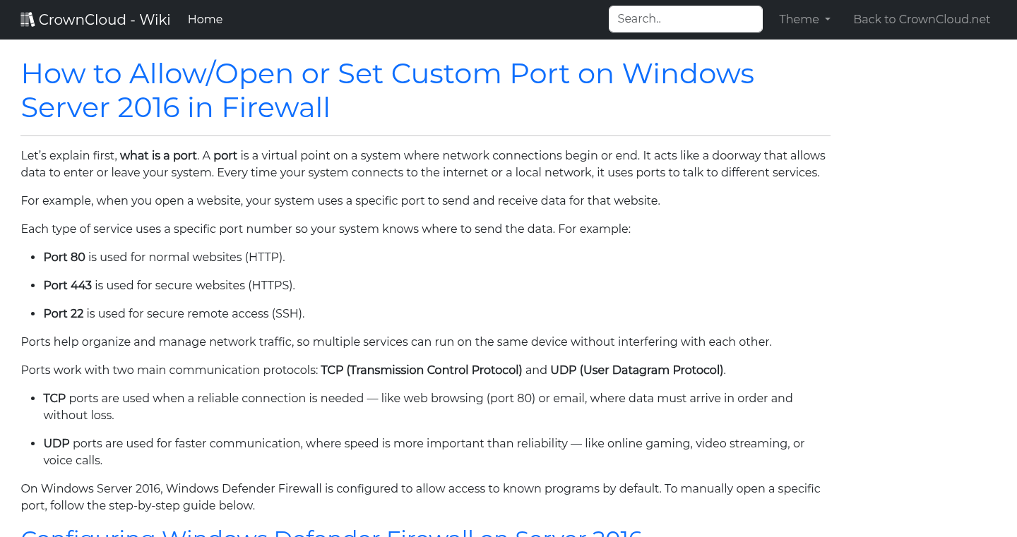 CrownCloud Wiki - How To Allow Port In Firewall On Windows Server 2016