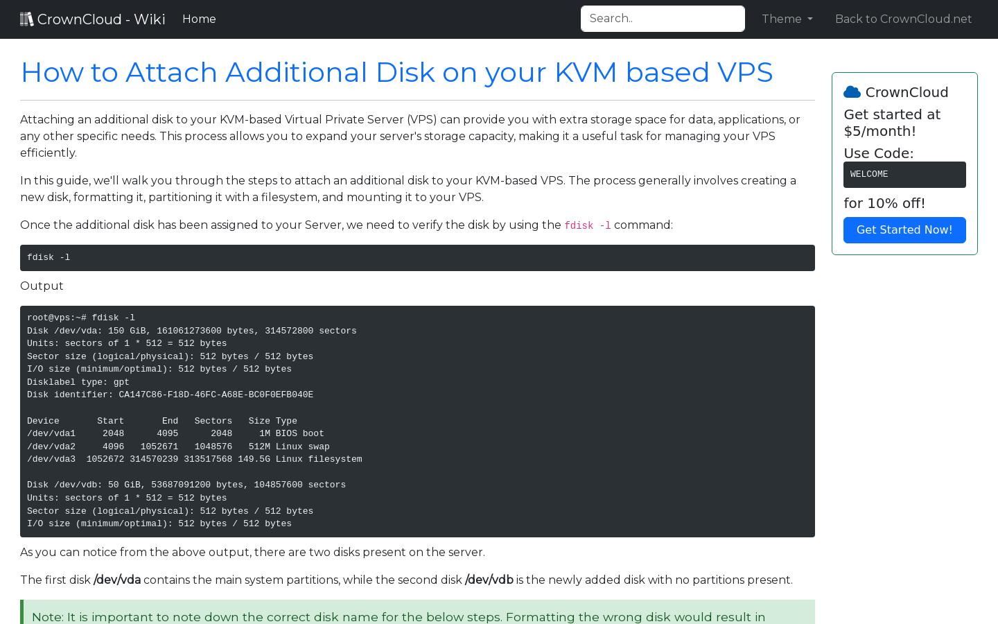 CrownCloud Wiki - How To Attach Additional Disk On Your KVM Based VPS