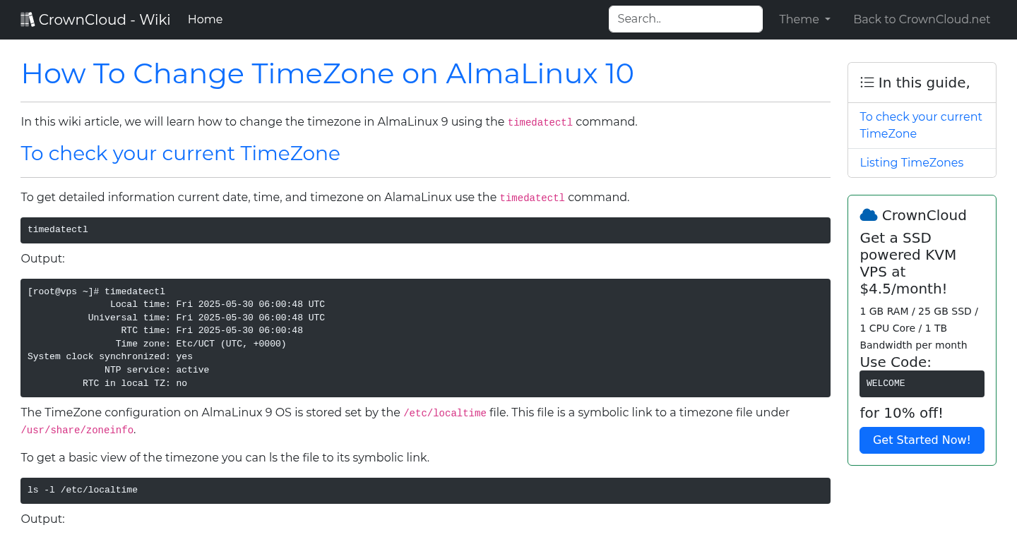 CrownCloud Wiki - How To Change Timezone On AlmaLinux 10