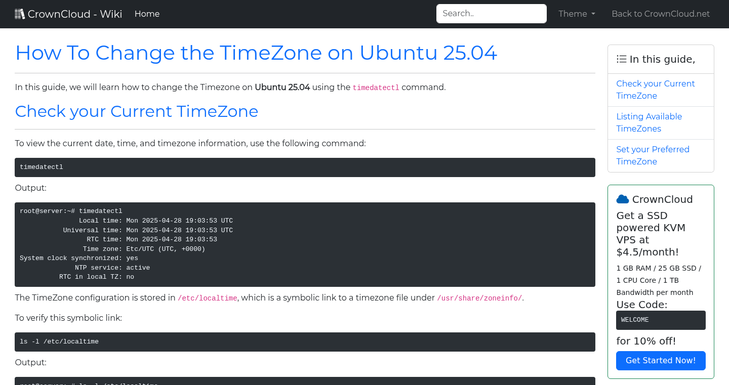 CrownCloud Wiki - How To Change TimeZone On Ubuntu 25 04