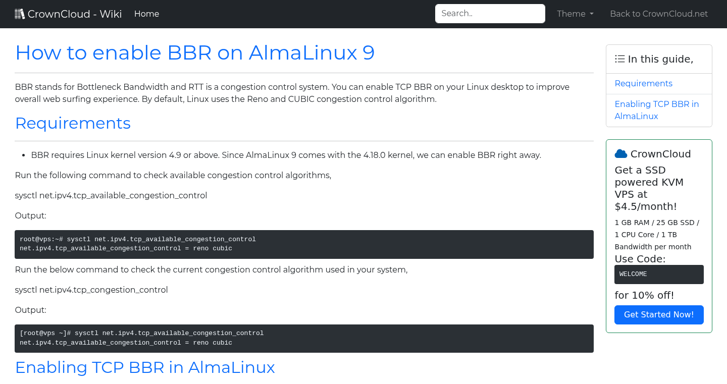 CrownCloud Wiki - How To Enable BBR On AlmaLinux 9
