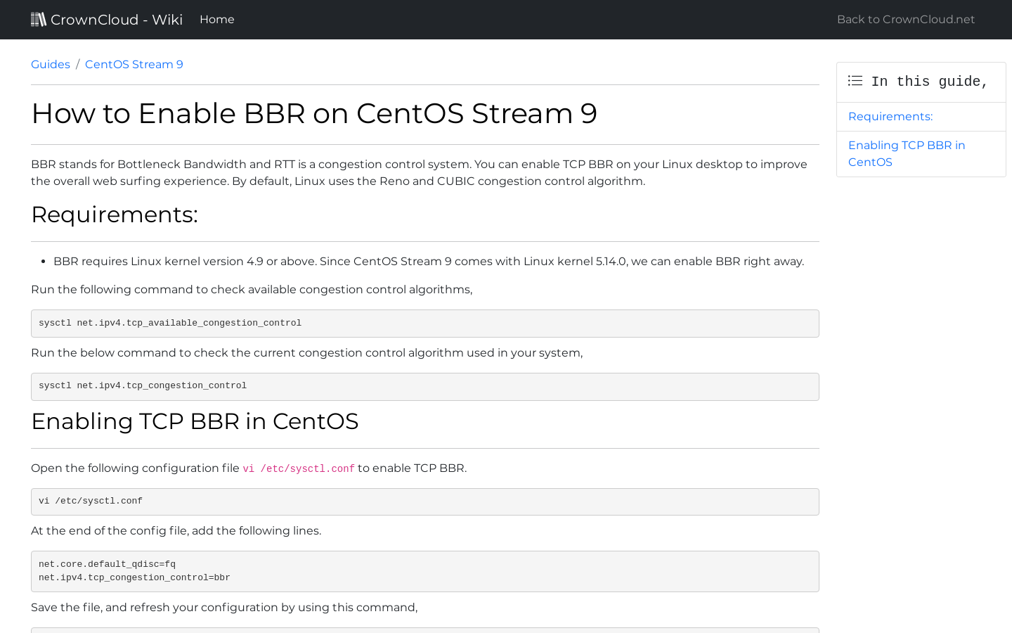 CrownCloud Wiki - How To Enable BBR On CentOS Stream 9