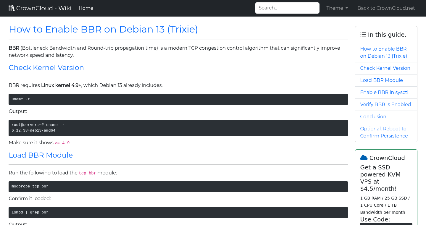 CrownCloud Wiki - How To Enable BBR On Debian 13