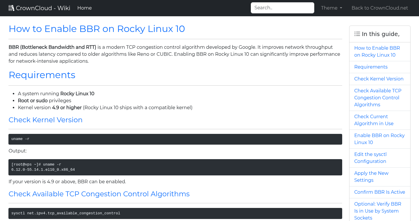 CrownCloud Wiki - How To Enable BBR On RockyLinux 10