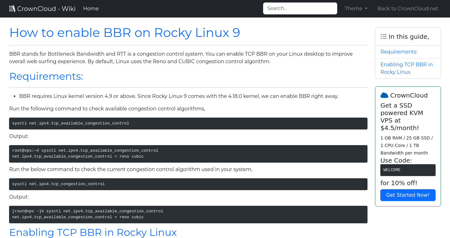 CrownCloud Wiki - How To Enable BBR On RockyLinux 9