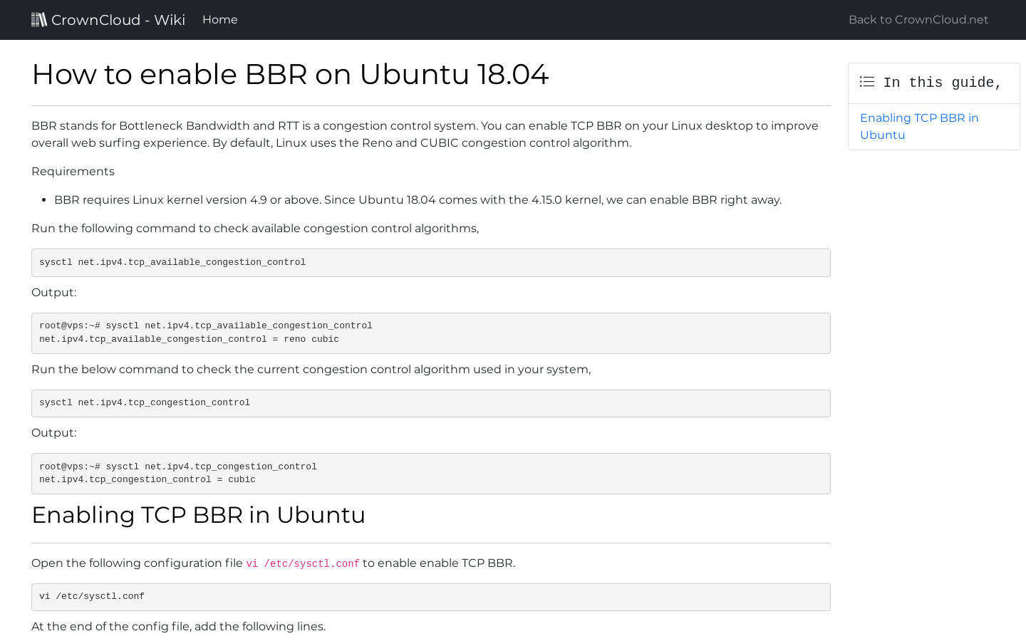 CrownCloud Wiki - How To Enable BBR On Ubuntu 18 04