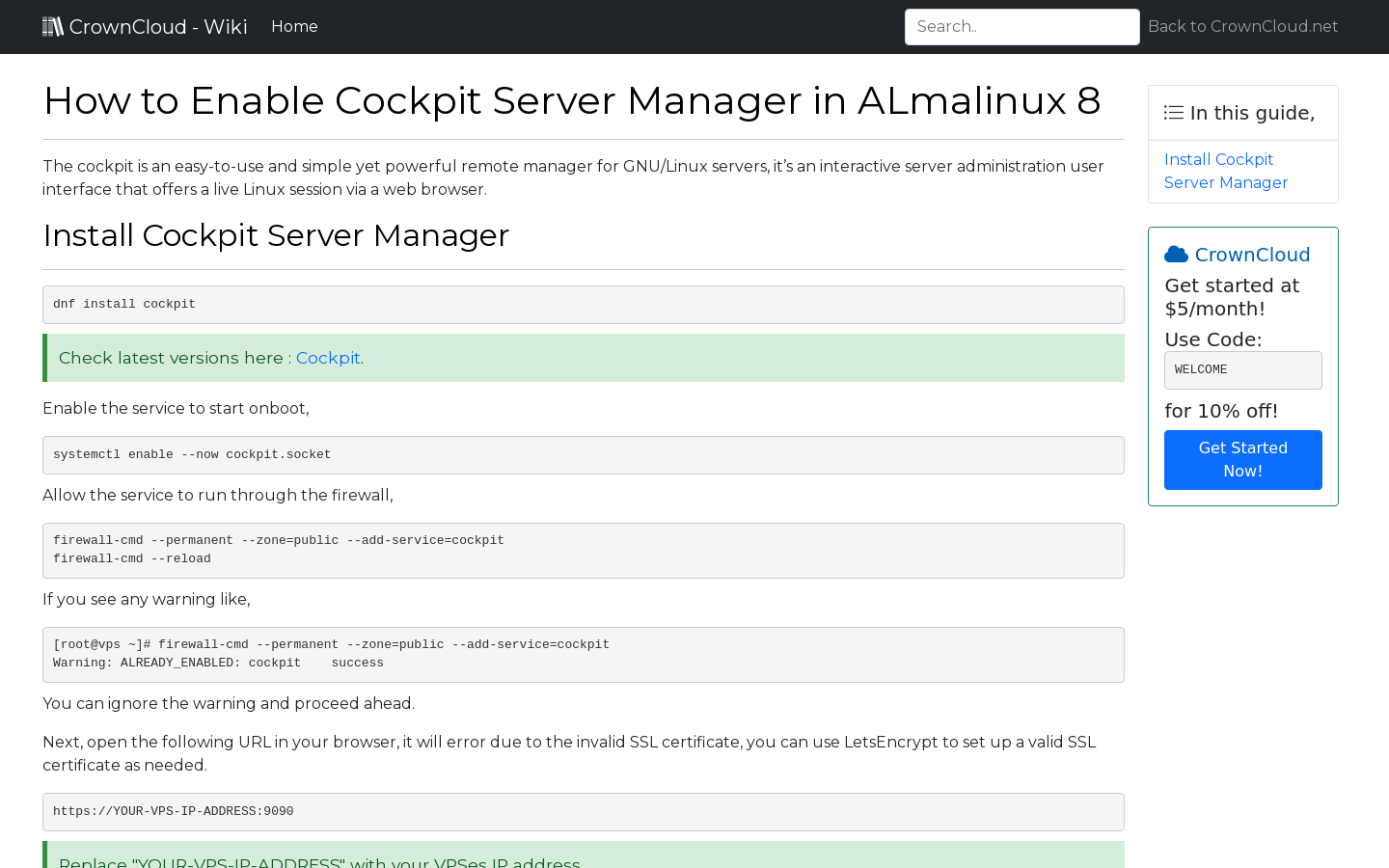 CrownCloud Wiki - How To Enable Cockpit Server Manager In ALmalinux 8