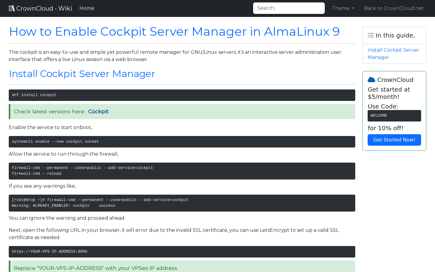 CrownCloud Wiki - How To Enable Cockpit Server Manager In ALmalinux 9