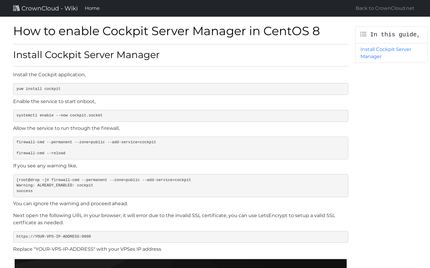 CrownCloud Wiki - How To Enable Cockpit Server Manager In CentOS 8 CrownCloud Wiki - How To Enable Cockpit Server Manager In CentOS 8