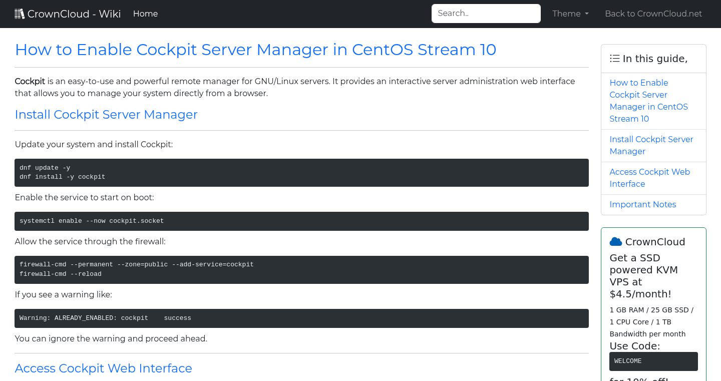 Crowncloud Wiki How To Enable Cockpit Server Manager In Centos Stream 10