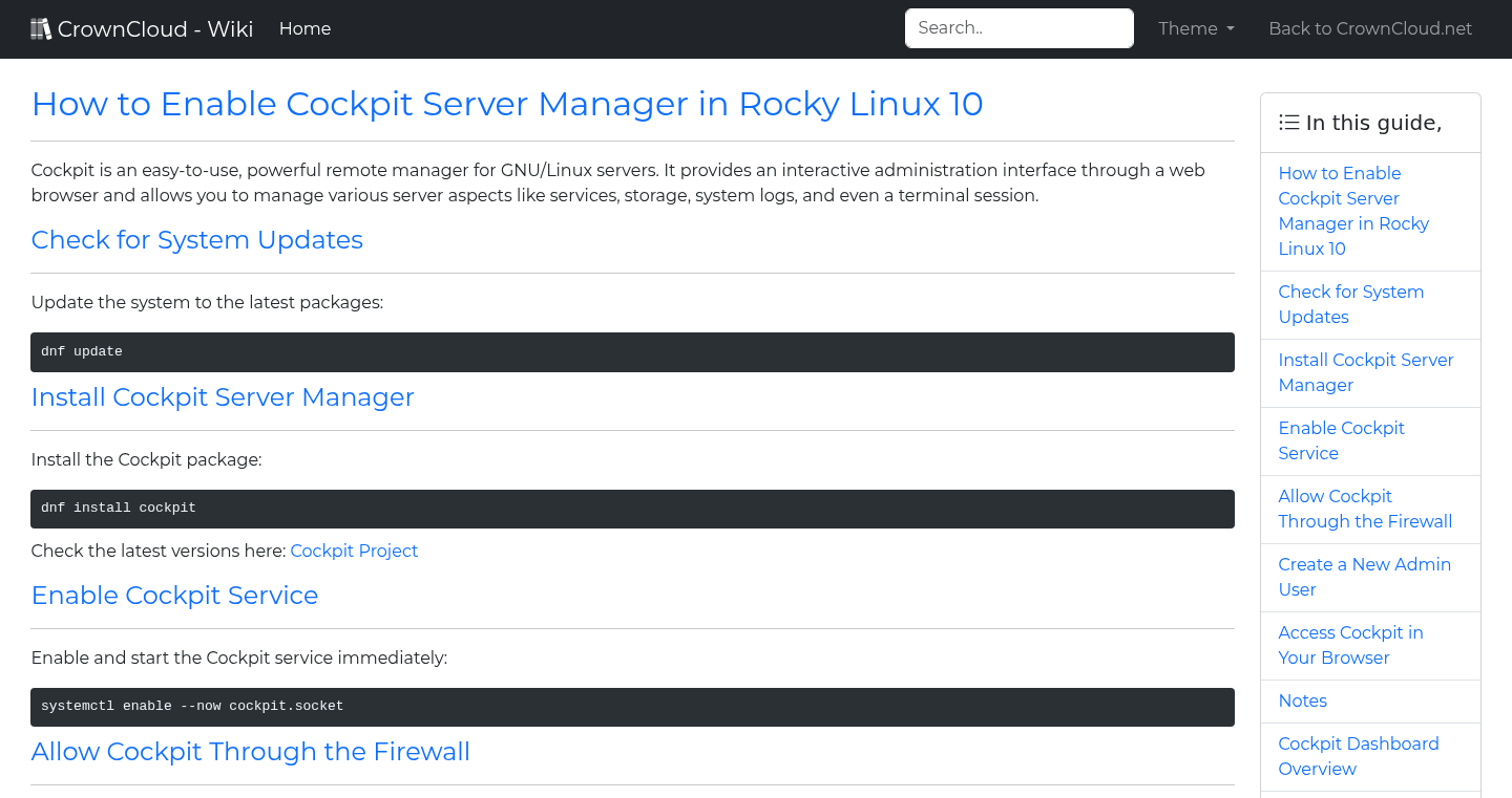 CrownCloud Wiki - How To Enable Cockpit Server Manager In Rocky Linux 10