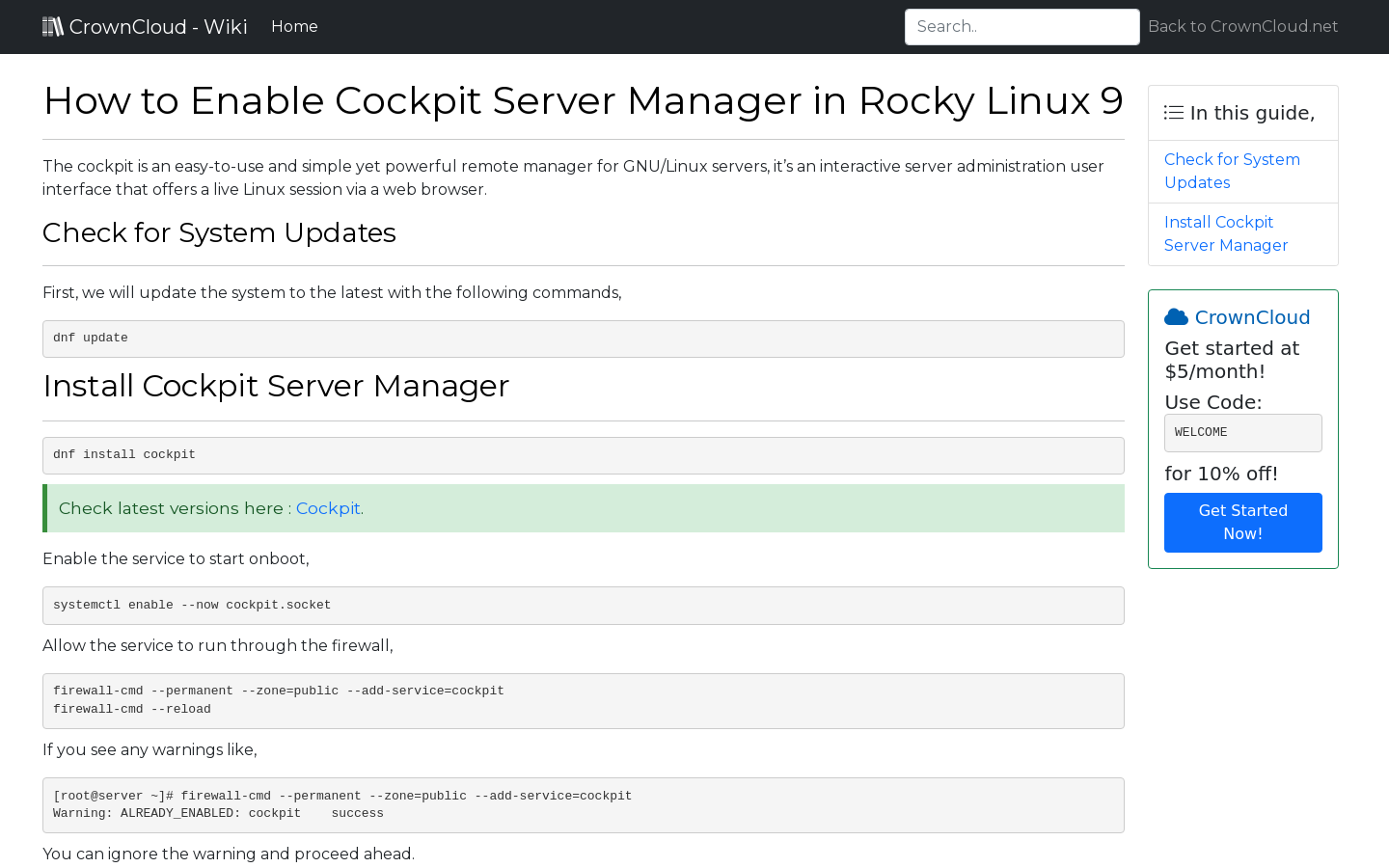 CrownCloud Wiki - How To Enable Cockpit Server Manager In Rocky Linux 9 CrownCloud Wiki - How To Enable Cockpit Server Manager In Rocky Linux 9