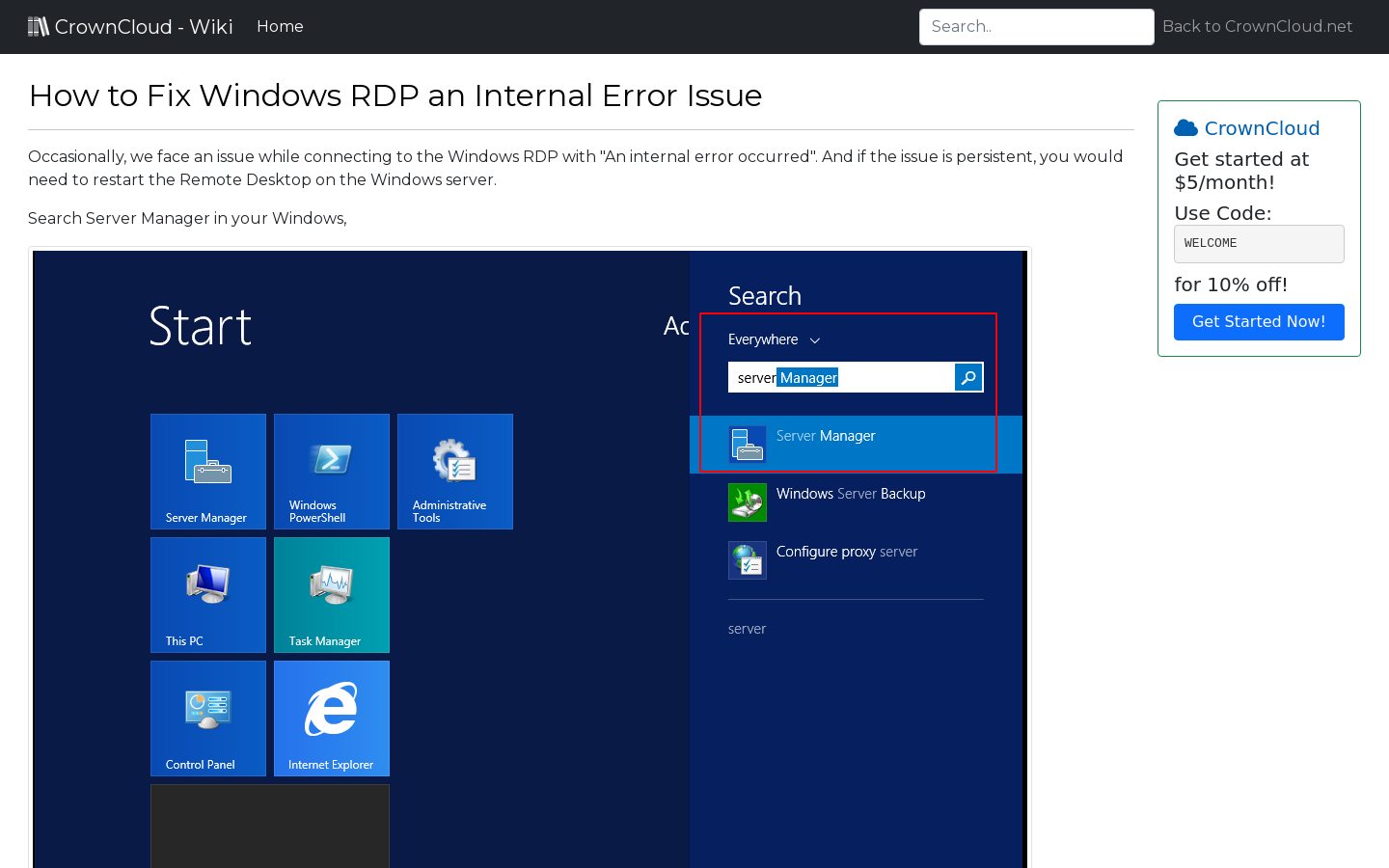 CrownCloud Wiki - How To Fix Windows RDP An Internal Error Issue