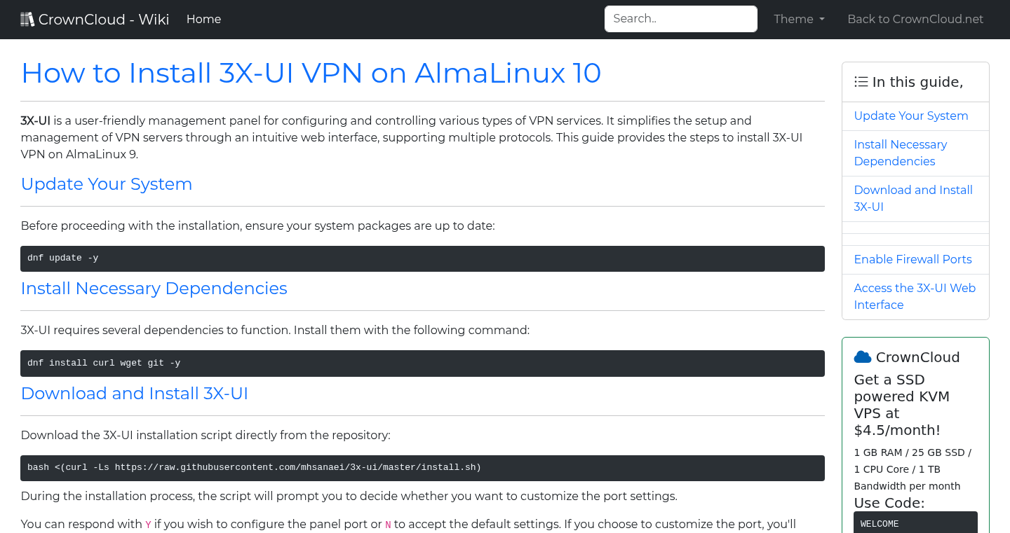 CrownCloud Wiki - How To Install 3X UI VPN On AlmaLinux 10