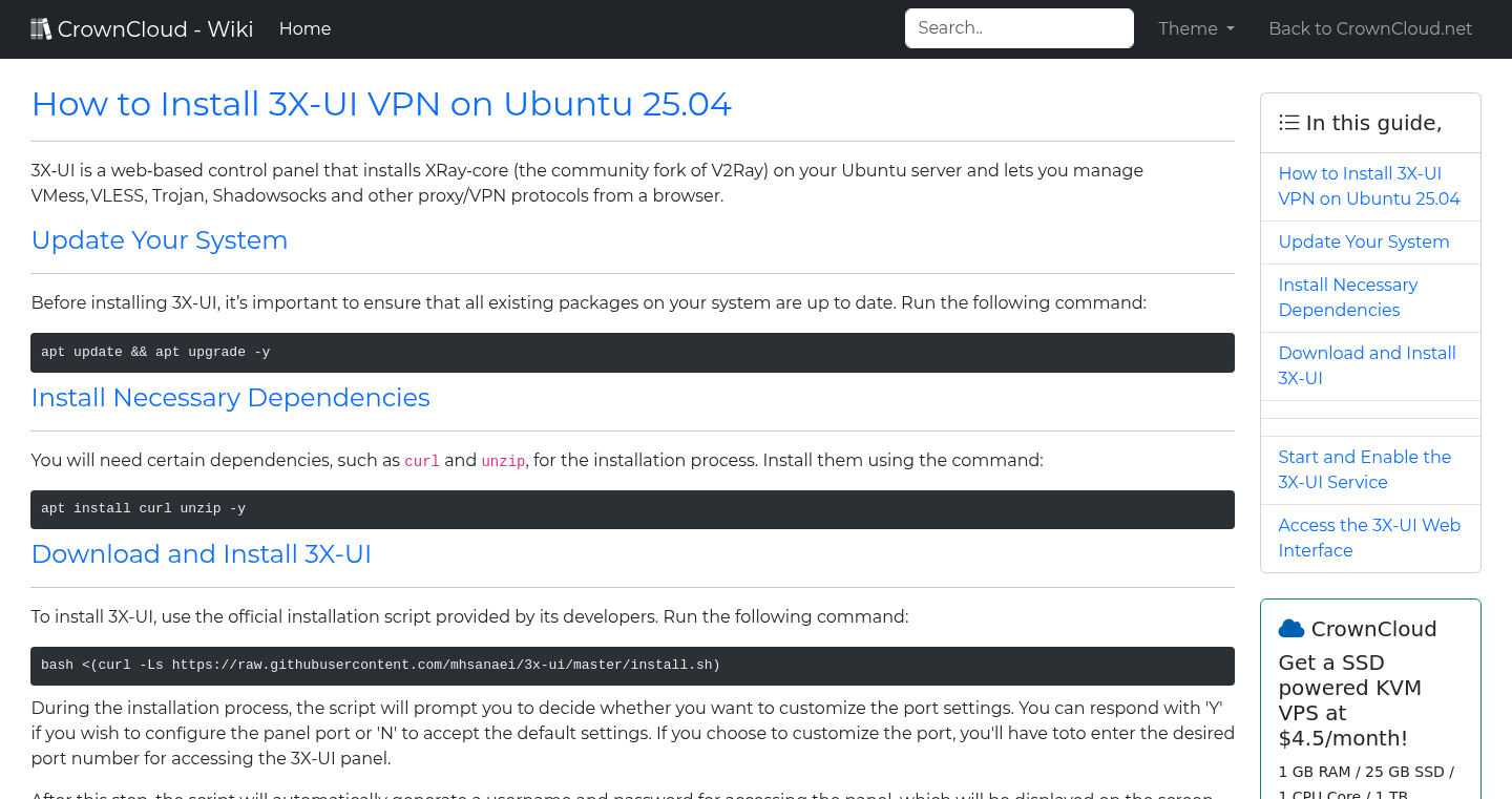CrownCloud Wiki - How To Install 3X UI VPN On Ubuntu 25 04