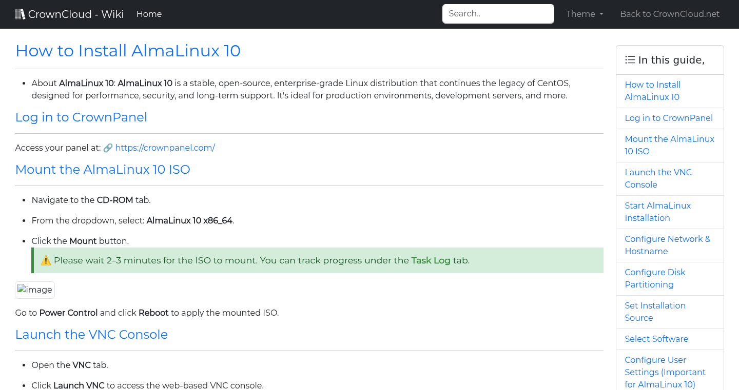 CrownCloud Wiki - How To Install AlmaLinux 10
