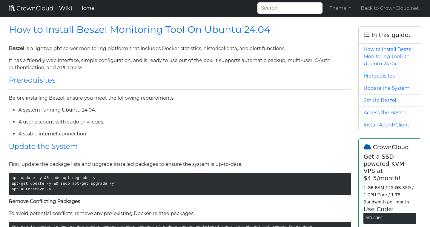 CrownCloud Wiki - How To Install Beszel Monitoring Tool On Ubuntu 24 04