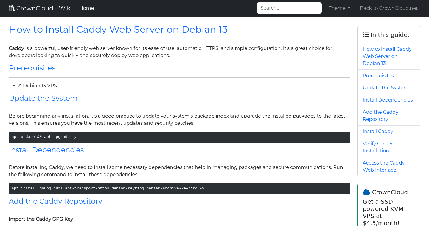 CrownCloud Wiki - How To Install Caddy Web Server On Debian 13