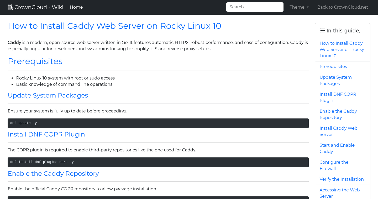 CrownCloud Wiki - How To Install Caddy Web Server On Rocky Linux 10