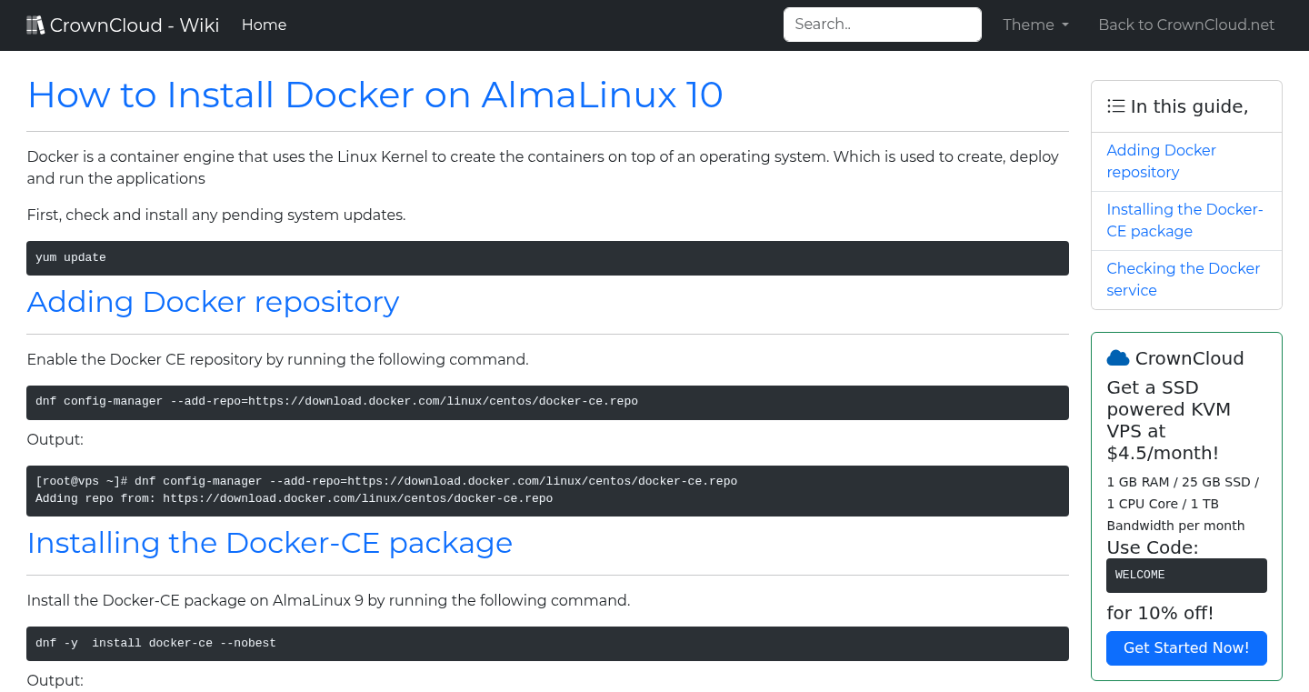 CrownCloud Wiki - How To Install Docker On AlmaLinux 10