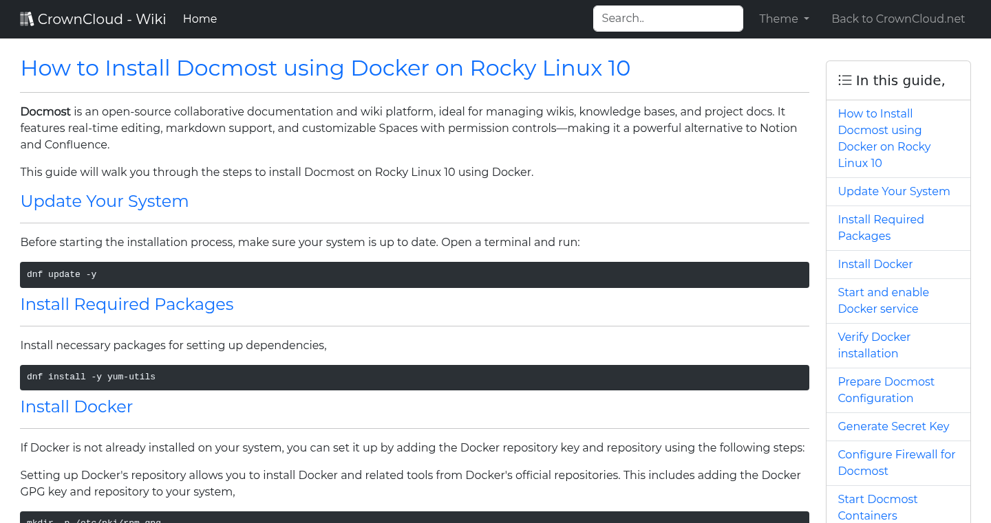 CrownCloud Wiki - How To Install Docmost Using Docker On Rocky Linux 10