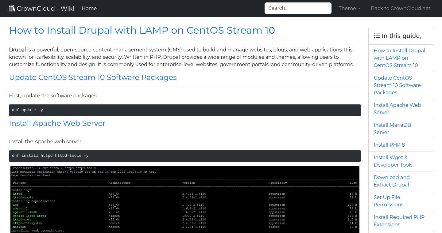 CrownCloud Wiki - How To Install Drupal With LAMP On CentOS Stream 10