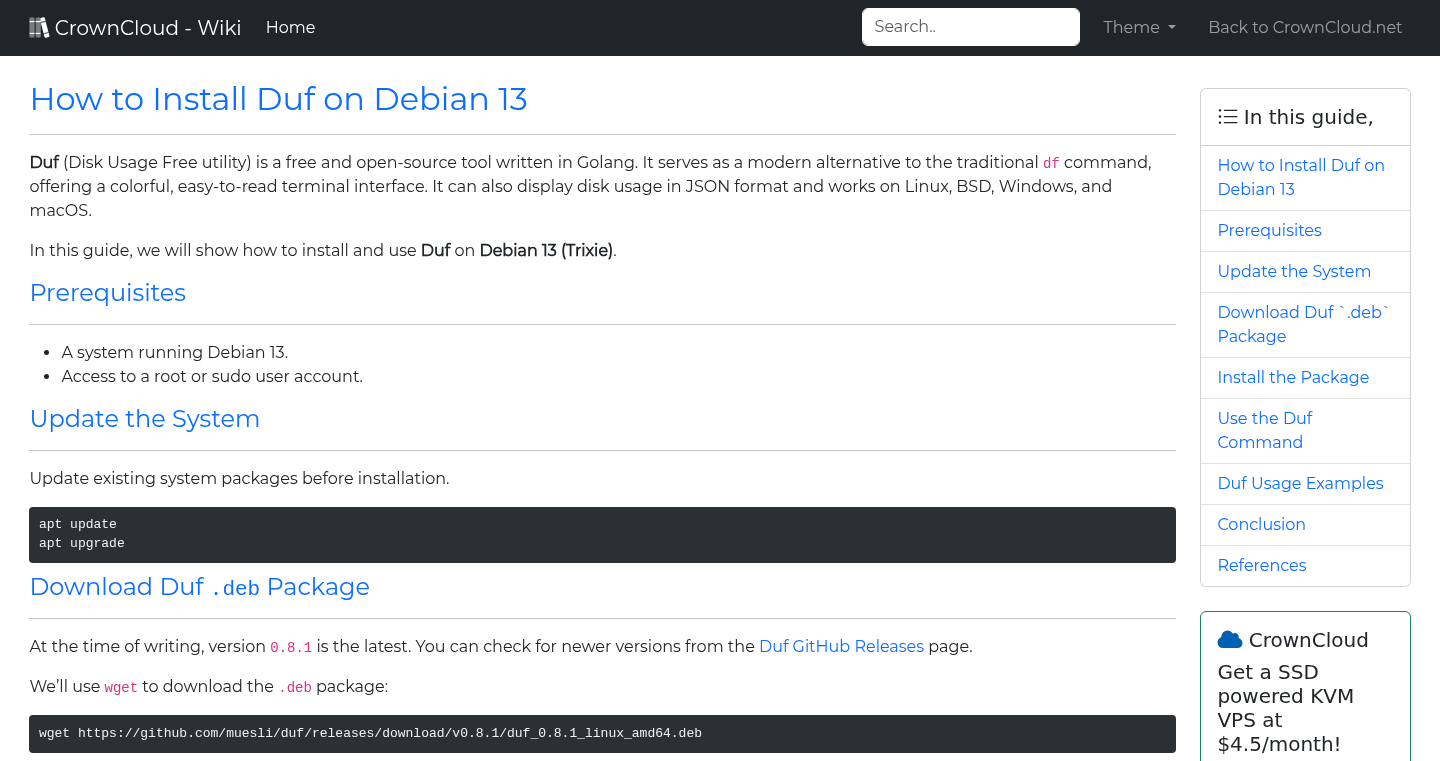 CrownCloud Wiki - How To Install Duf On Debian 13