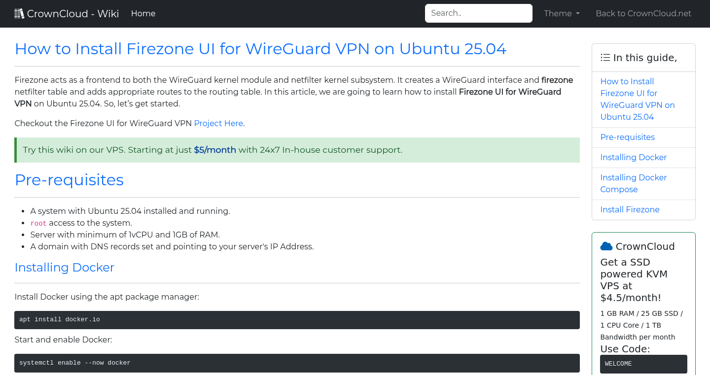 CrownCloud Wiki - How To Install Firezone UI For WireGuard VPN On Ubuntu 25 04