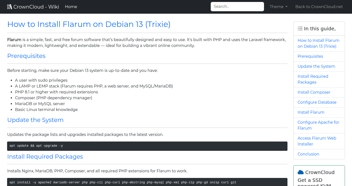 CrownCloud Wiki - How To Install Flarum On Debian 13