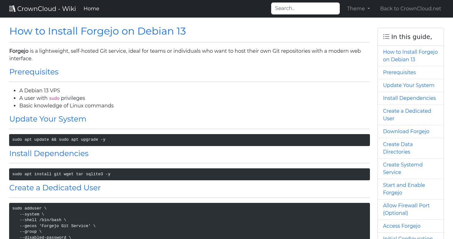 CrownCloud Wiki - How To Install Forgejo On Debian 13
