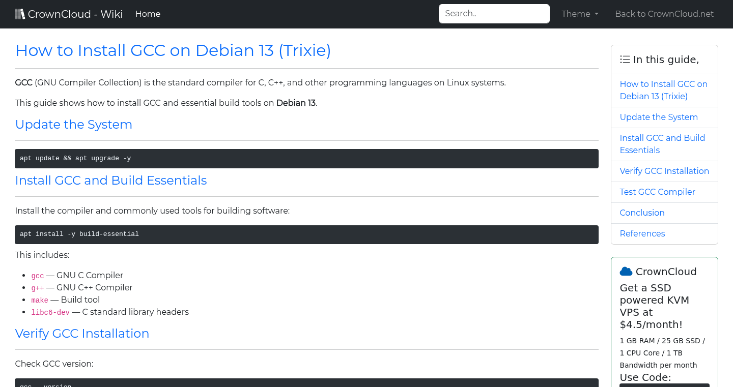 CrownCloud Wiki - How To Install GCC On Debian 13