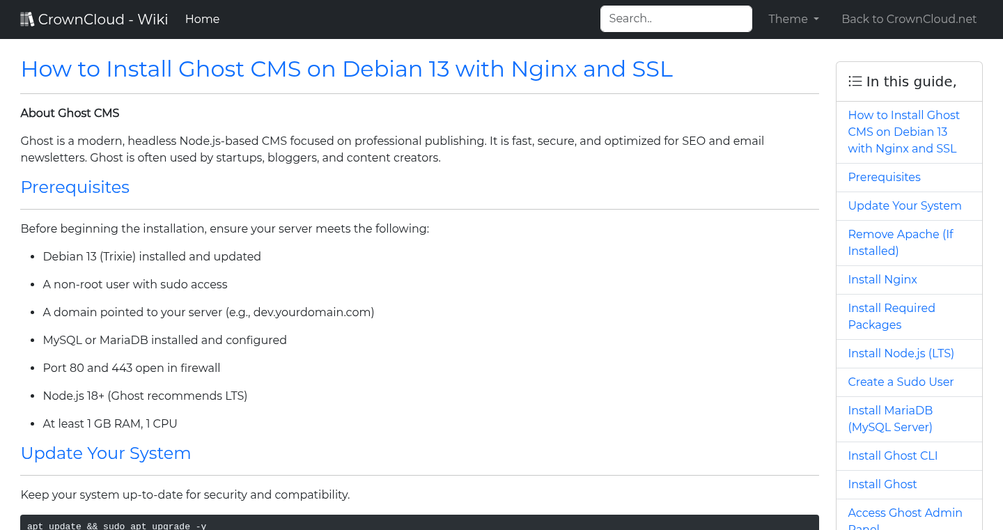 CrownCloud Wiki - How To Install Ghost CMS On Debian 13