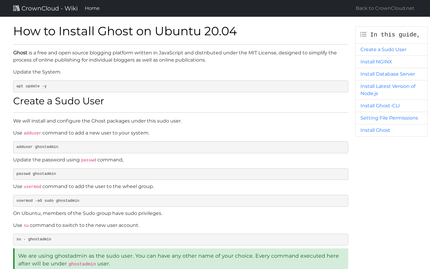 CrownCloud Wiki - How To Install Ghost On Ubuntu 20 04