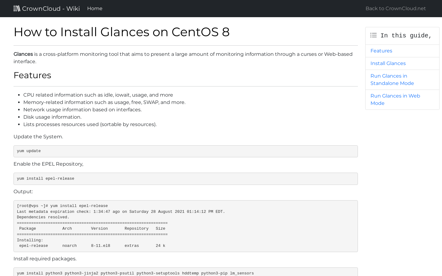 CrownCloud Wiki - How To Install Glances On CentOS8 CrownCloud Wiki - How To Install Glances On CentOS8