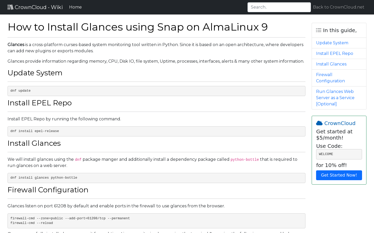 CrownCloud Wiki - How To Install Glances Using Snap On AlmaLinux 9