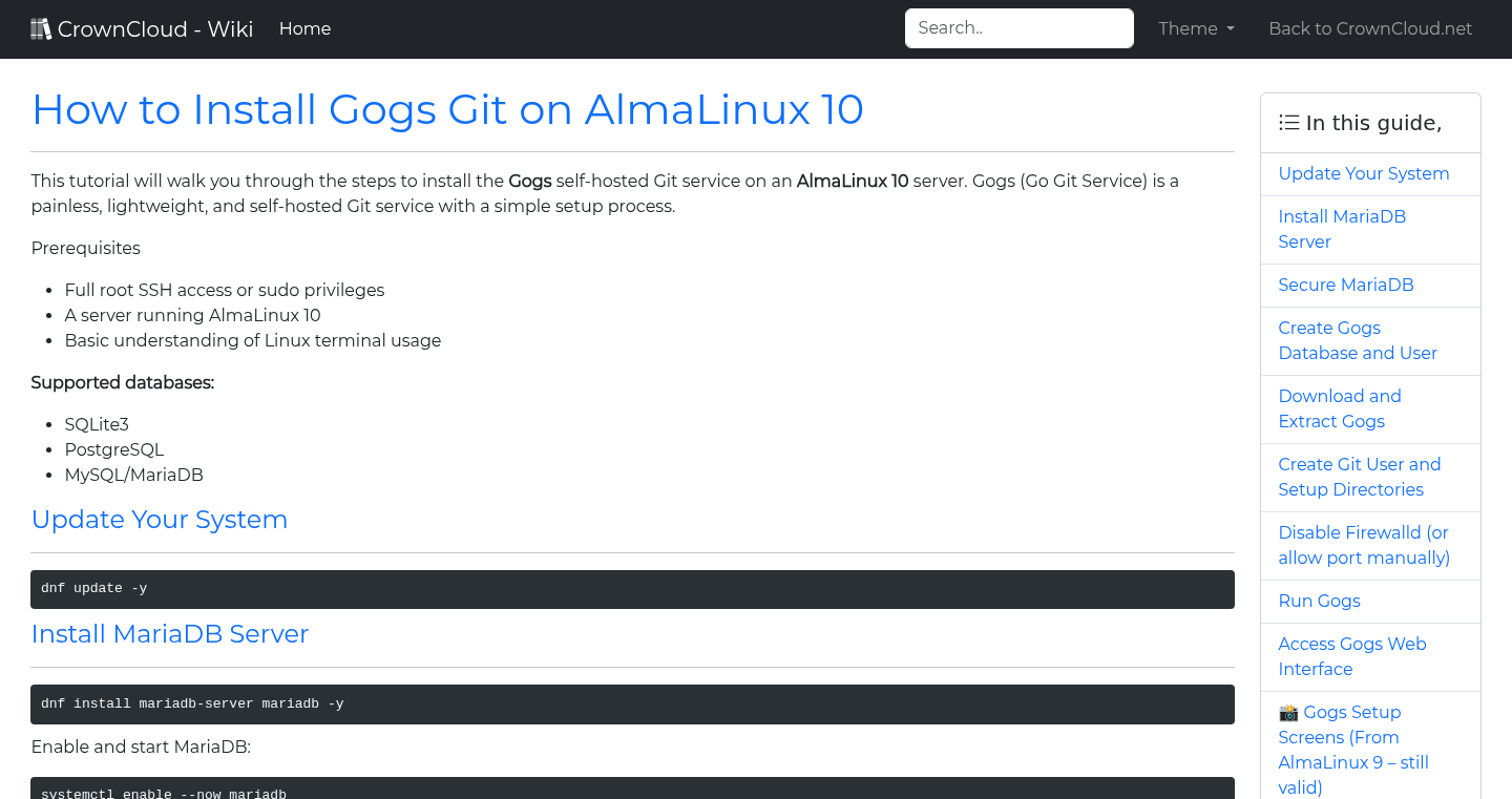CrownCloud Wiki - How To Install Gogs Git On AlmaLinux 10