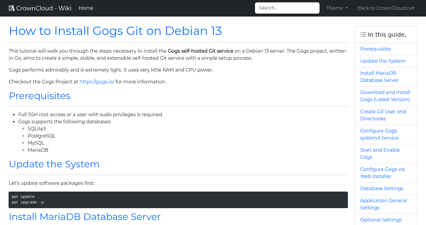 CrownCloud Wiki - How To Install Gogs Git On Debian 13