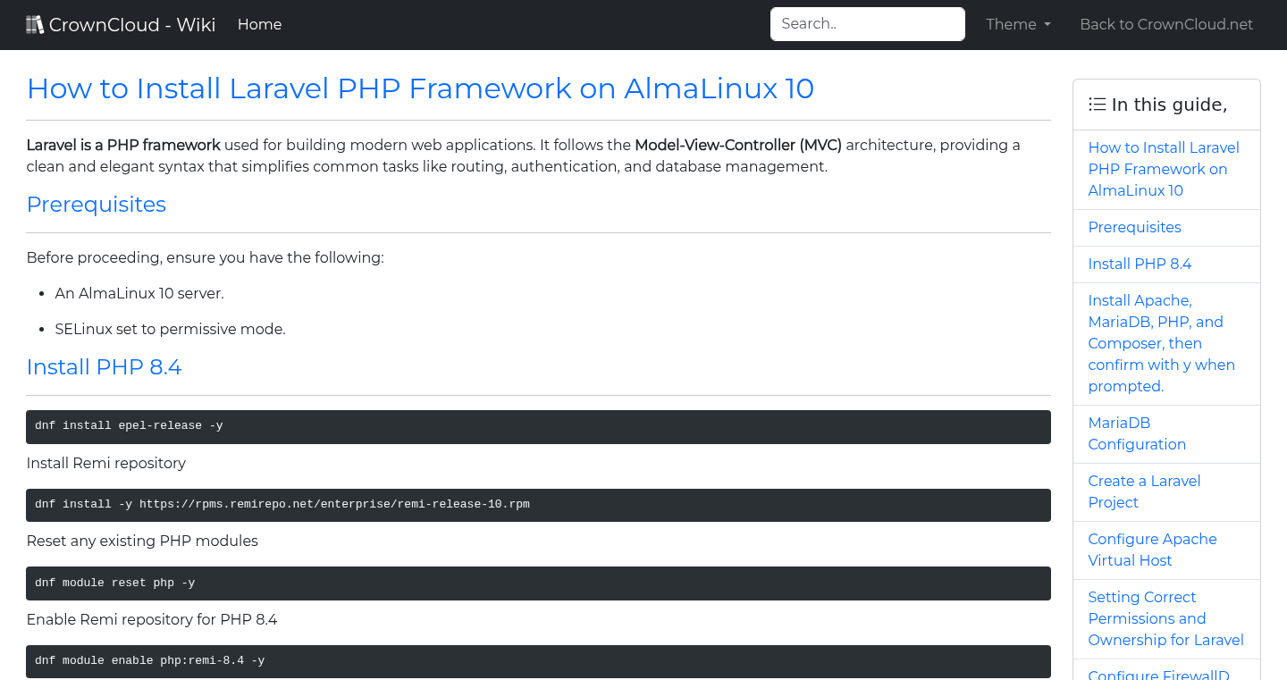 CrownCloud Wiki - How To Install Laravel PHP Framework On AlmaLinux 10
