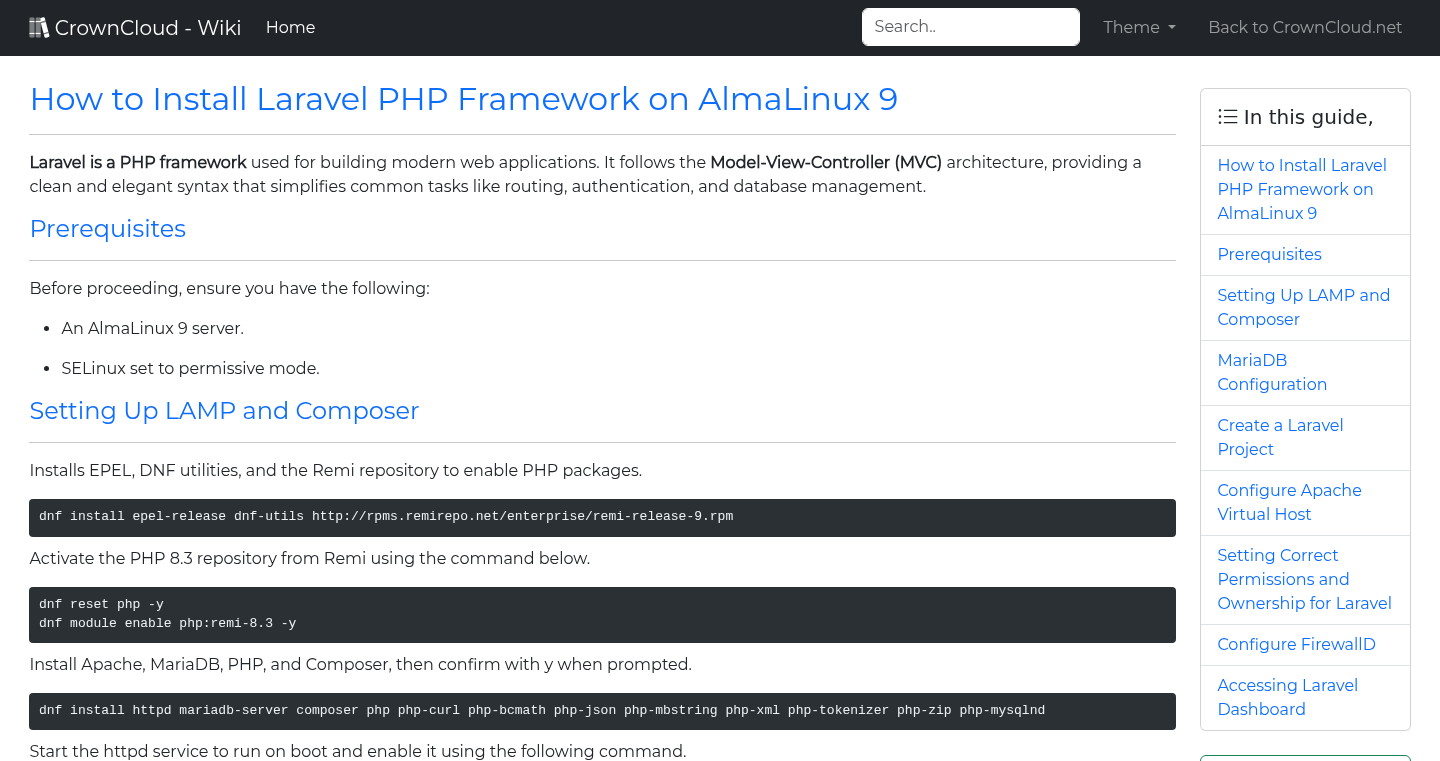 CrownCloud Wiki - How To Install Laravel PHP Framework On AlmaLinux 9