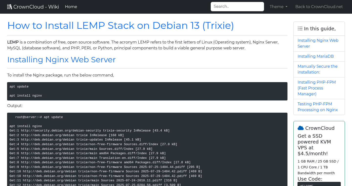 CrownCloud Wiki - How To Install LEMP On Debian 13