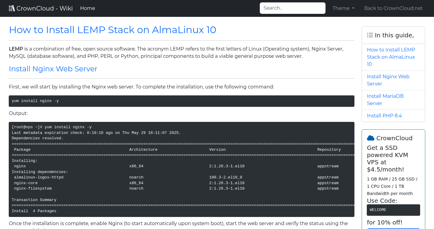CrownCloud Wiki - How To Install LEMP Stack On AlmaLinux 10
