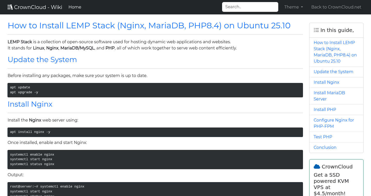 CrownCloud Wiki - How To Install LEMP Stack On Ubuntu 25 10